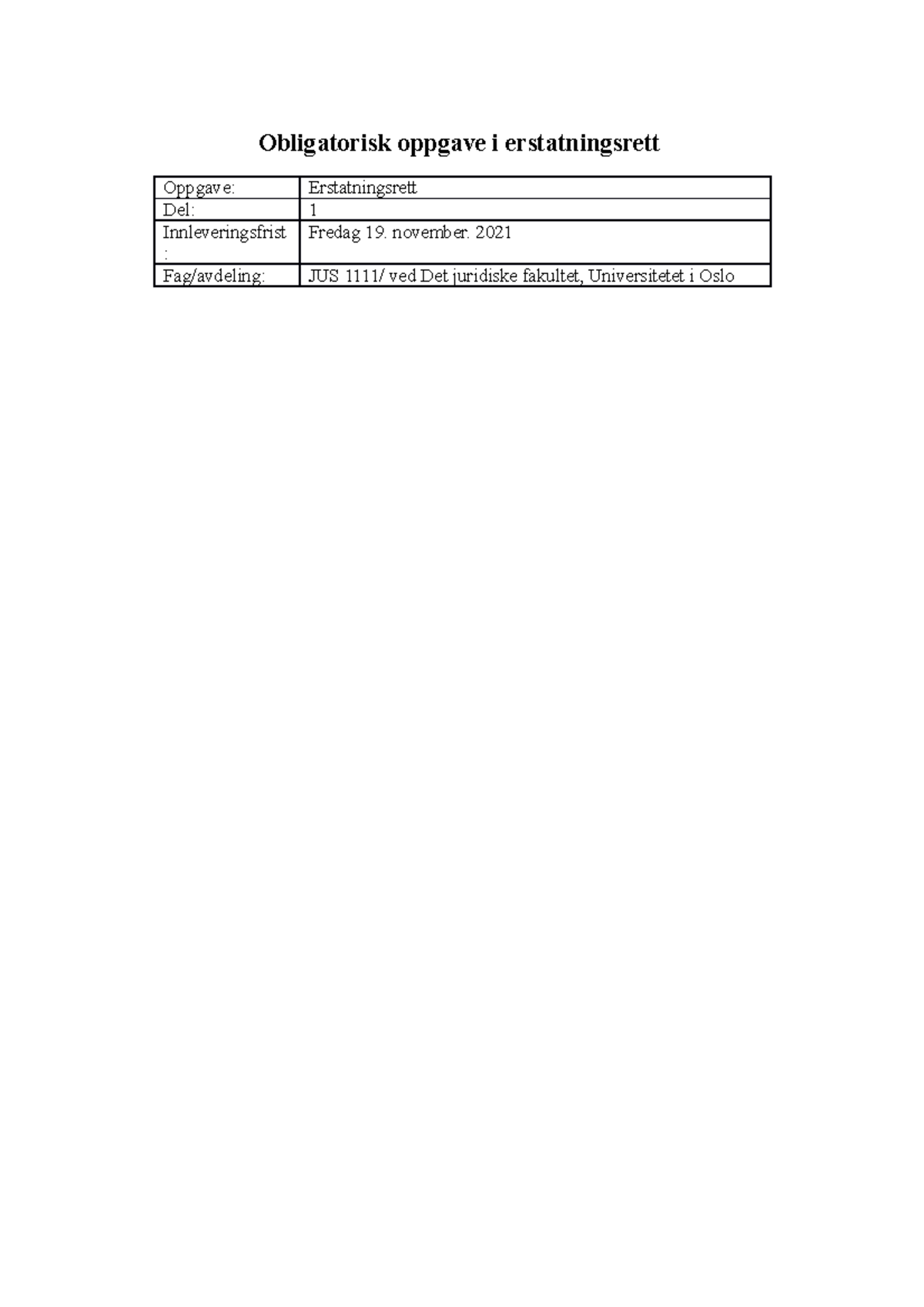 Obligatorisk oppgave i erstatningsrett Jus 1111 - Obligatorisk oppgave i erstatningsrett Oppgave ...