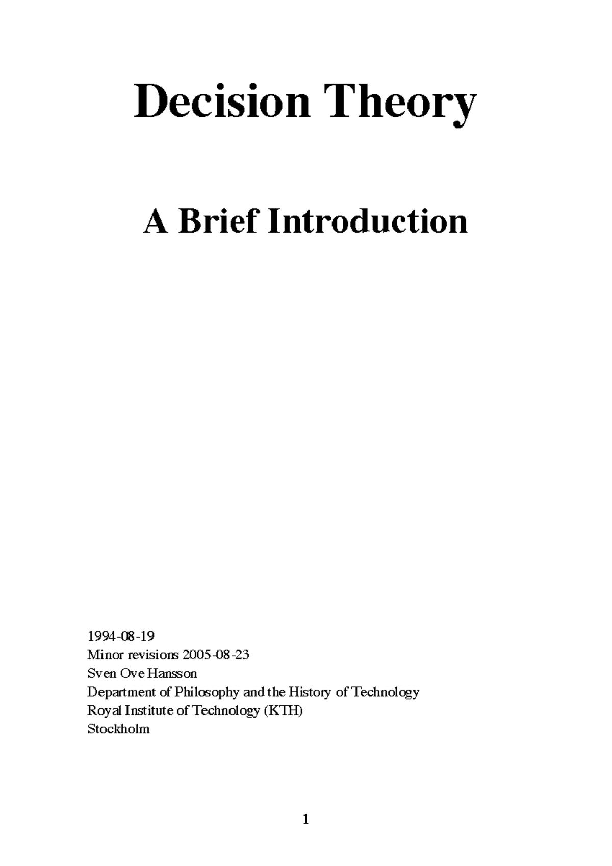 Decision theory a brief introduction - Decision Theory A Brief Introduction 1994 - 08 - 19 Minor ...