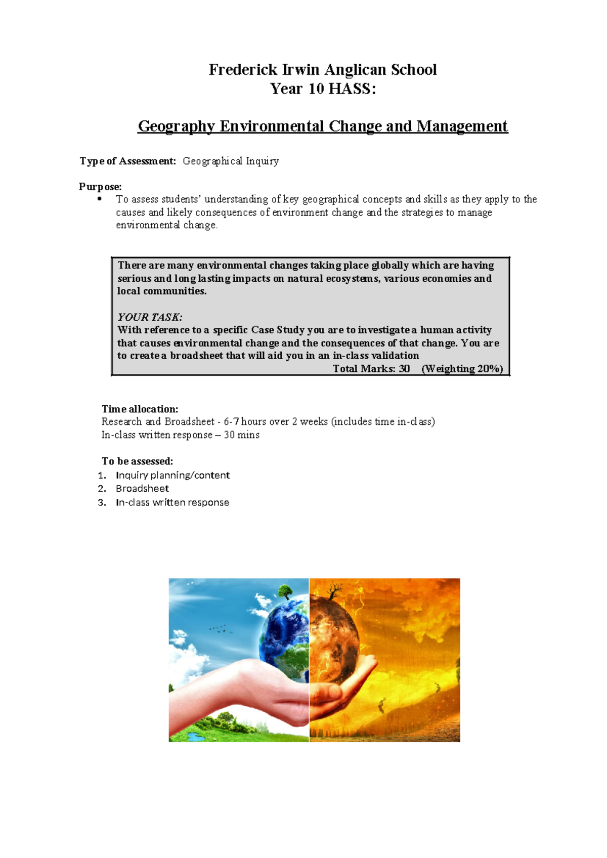 Environmental change Inquiry 2019 - Frederick Irwin Anglican School ...