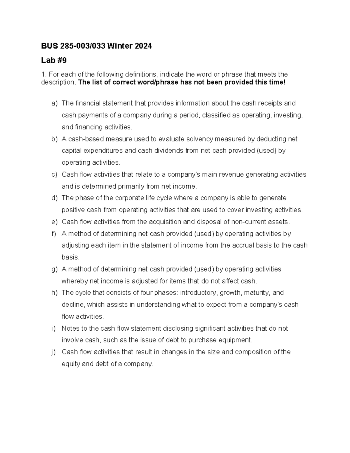 BUS 285 Lab 9 - Lecture Notes - BUS 285-003/033 Winter 2024 Lab 1. For ...