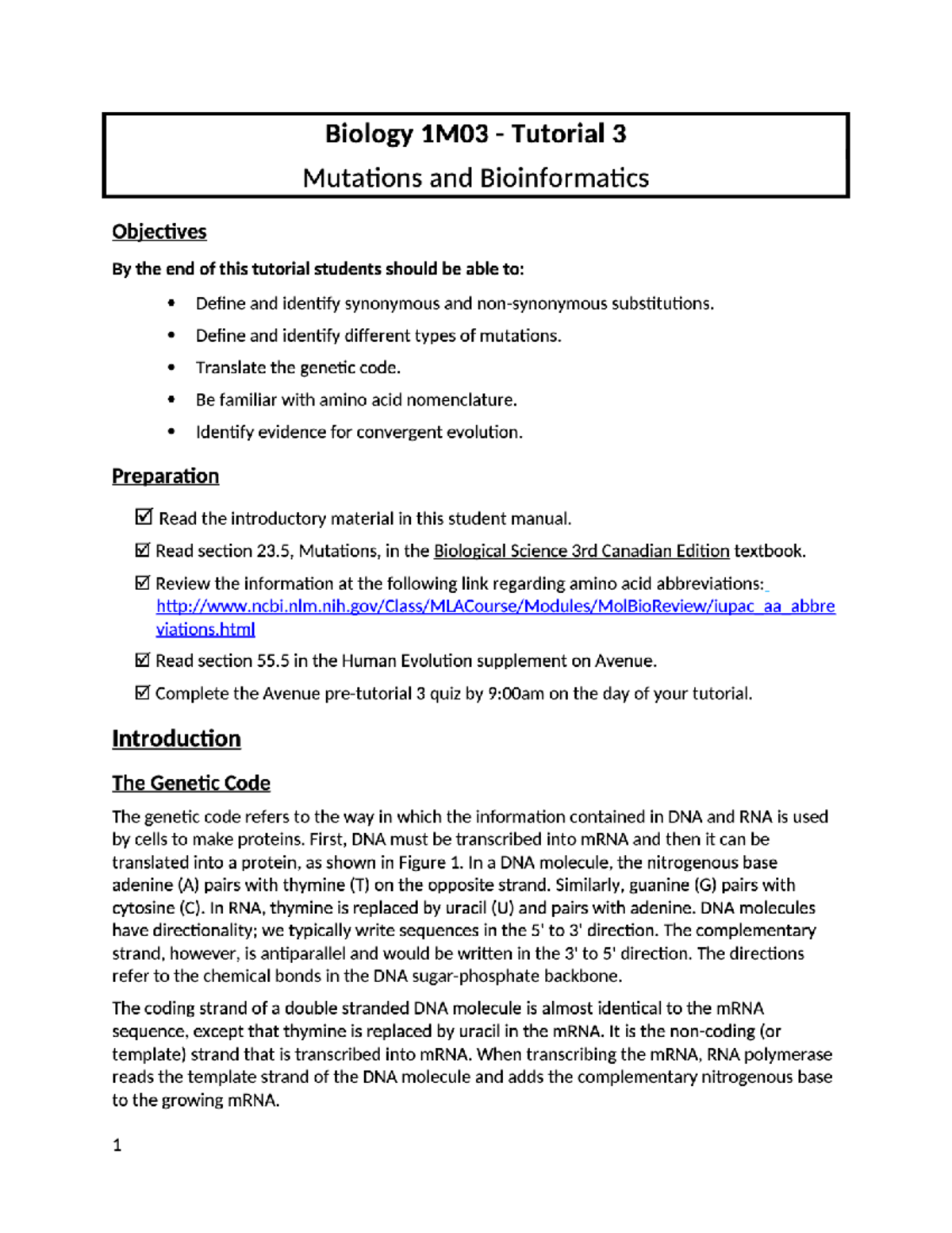 Tutorial 3 Mutations and Bioinformatics F2022 - Biology 1M03 ... Tutorial 3 Mutations and Bioinformatics F2022 - Biology 1M03 ...