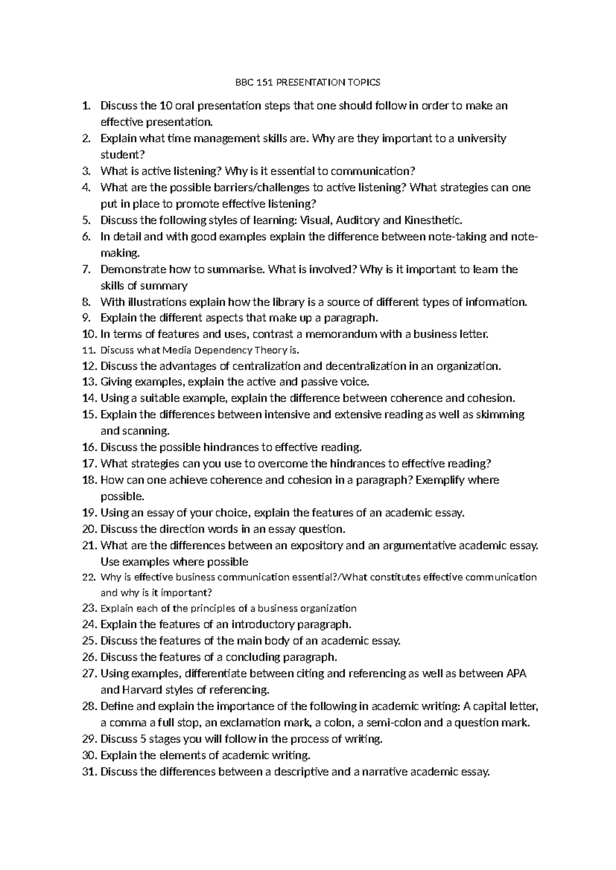 2024 BBC 151 Presentation Topics - BBC 151 PRESENTATION TOPICS 1 ...