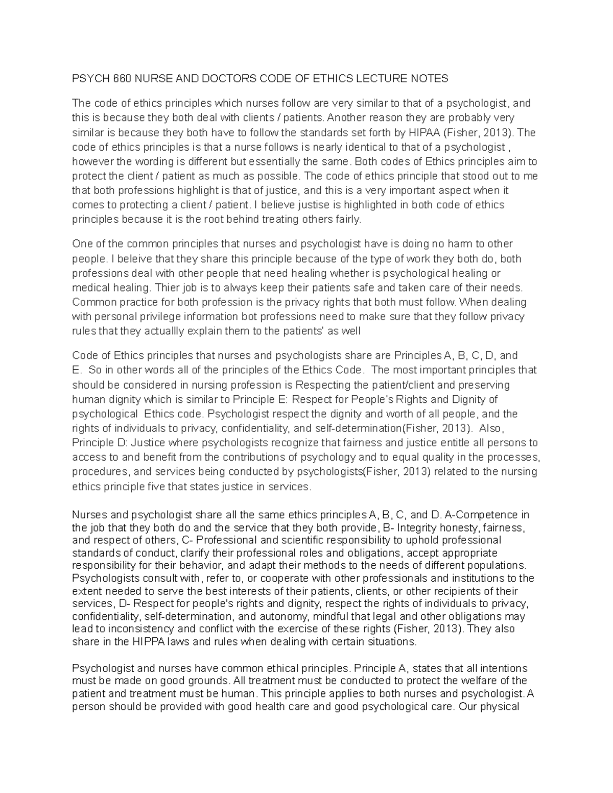 PSYCH 660 Nurse AND Doctors CODE OF Ethics Lecture Notes - PSYCH 660 ...