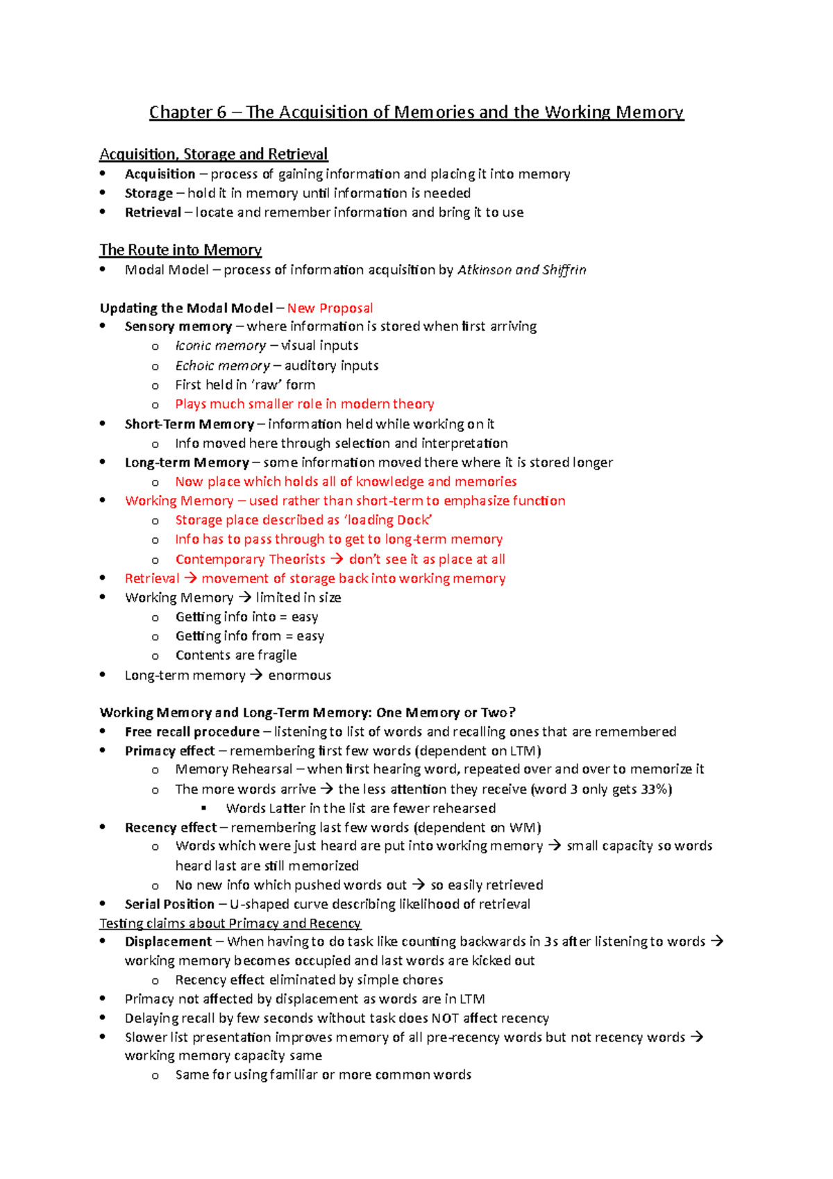 Memory - Chapter 6,7,8 + Lecture 2-6 – Kopie - Chapter 6 – The Acquisition of Memories and the ...