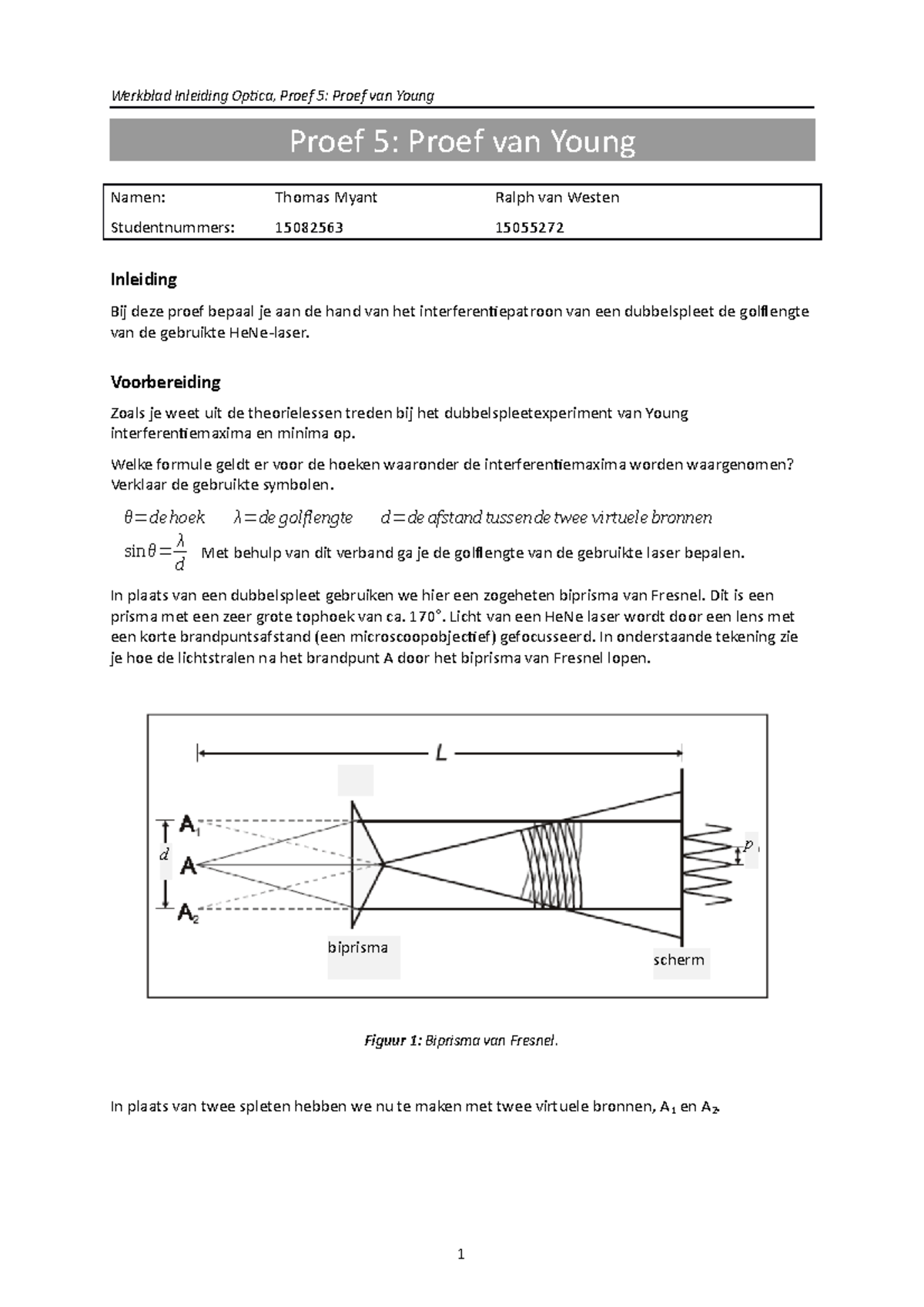 Proef 5 Af - Werkblad Inleiding Optica, Proef 5: Proef van Young Proef ...