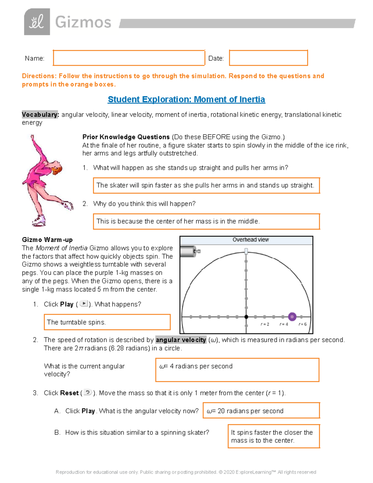 Gizmo Labs-Moment of Inertia Student Exploration - Name: Date ...
