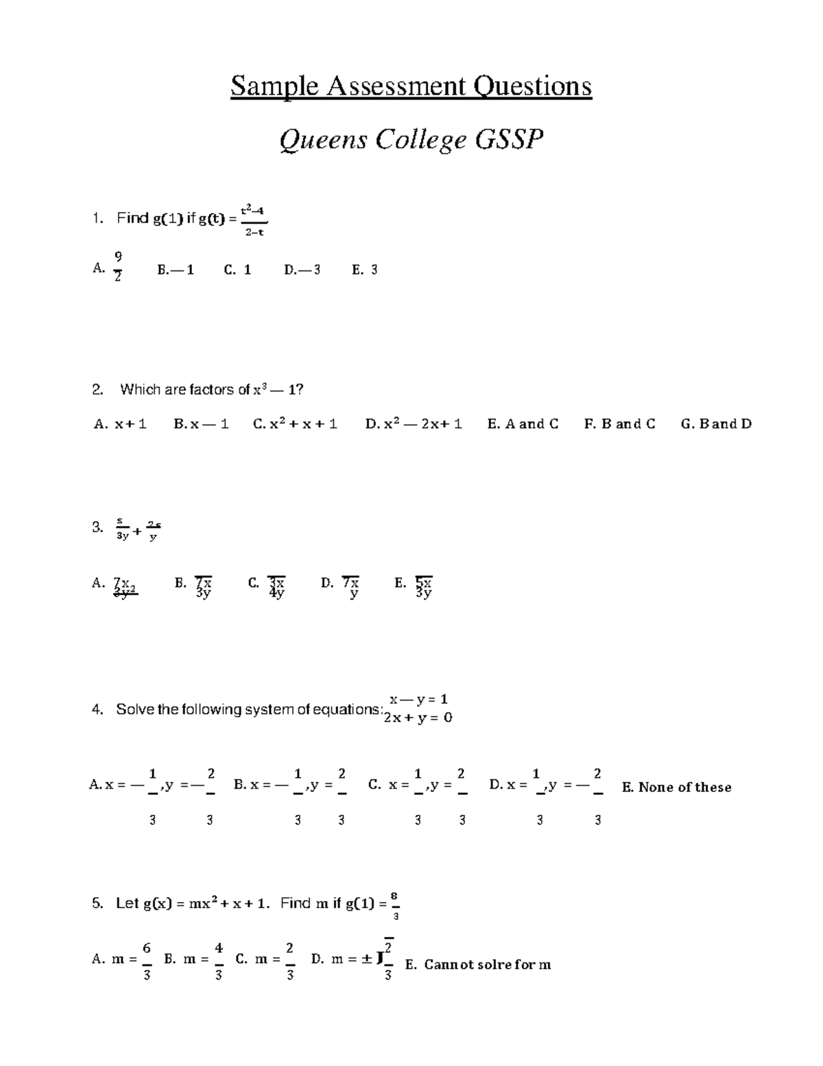 Math Placement - Practice Questions - 2x + y = 0 Sample Assessment ...