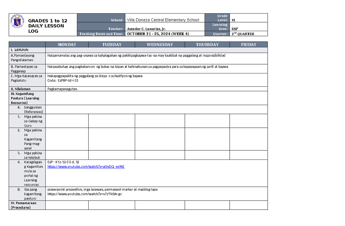 DLL ESP 6 Q2 W4 - module for esp 6 quarter 2 - GRADES 1 to 12 DAILY ...
