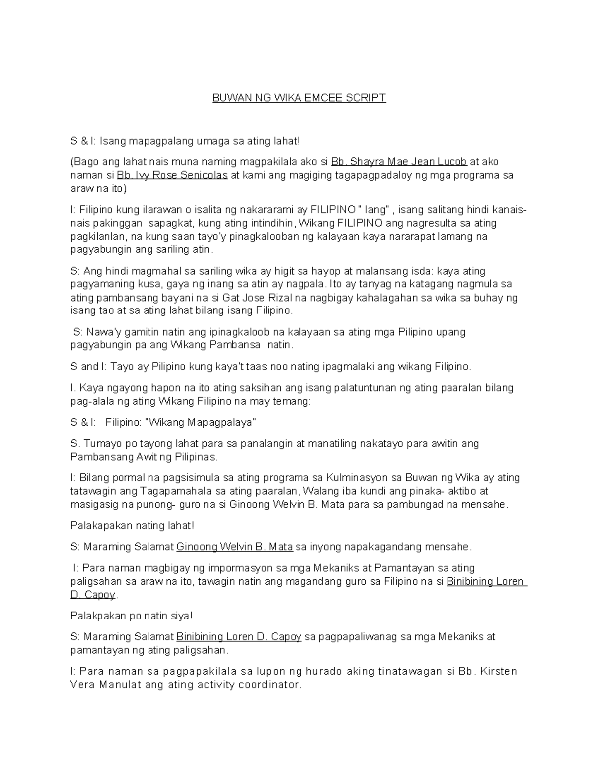 script sa Buwan ng Wika - BUWAN NG WIKA EMCEE SCRIPT S & I: Isang ...