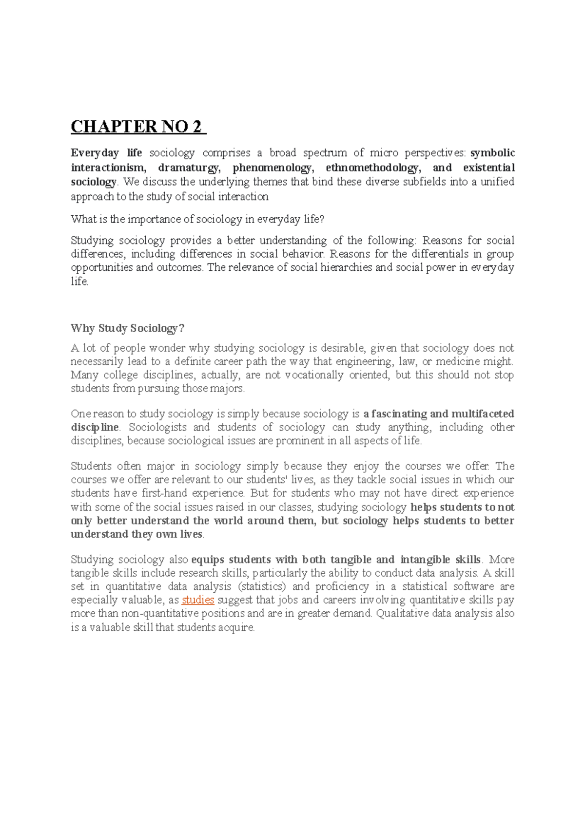 Sociology - CHAPTER NO 2 Everyday life sociology comprises a broad spectrum of micro ...