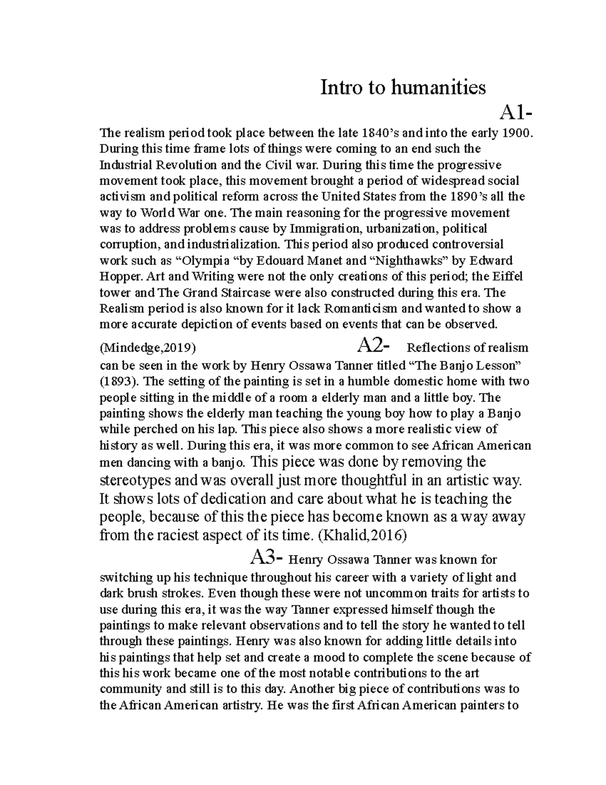 Into to humanities A1 - Intro to humanities A1- The realism period took ...