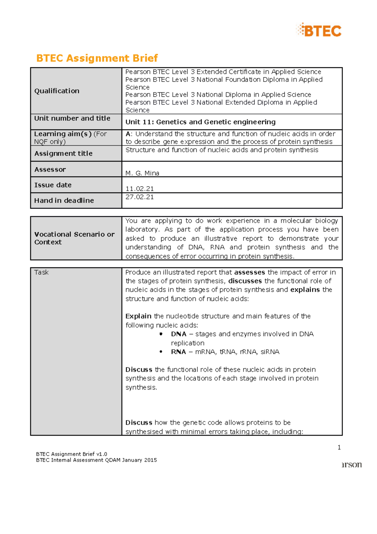 Assignment A, Structure Function of Nucleic Acids Protein Synthesis ...