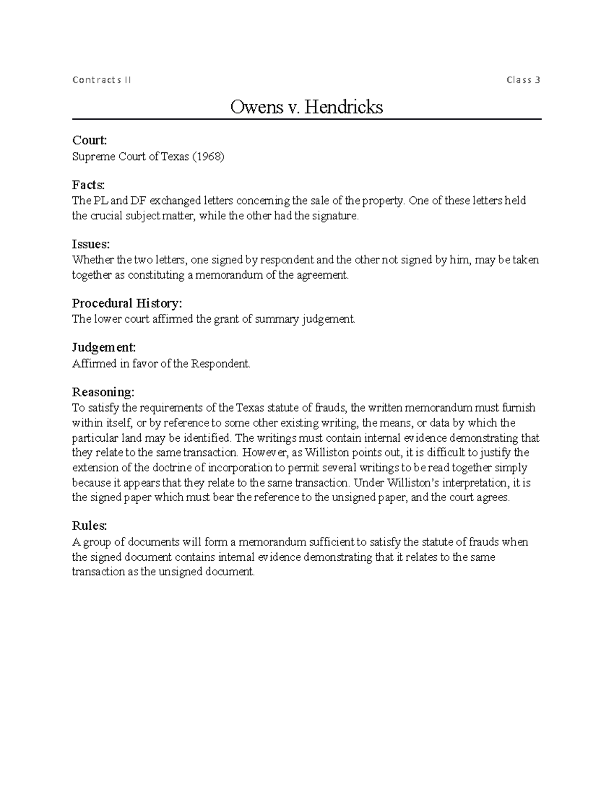 Owens v. Hendricks - Case Brief - Contracts II Class 3 Owens v ...