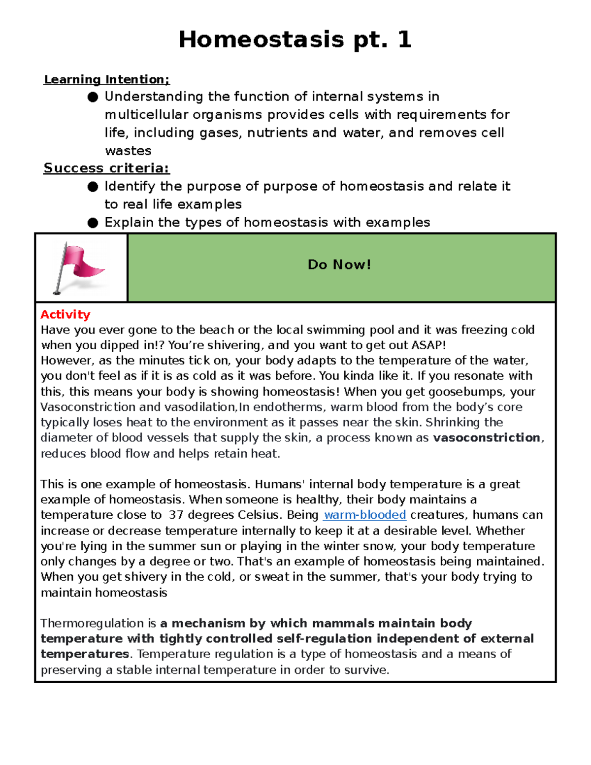 Y9- Homeostasis - Learning - Homeostasis pt. 1 Learning Intention ...