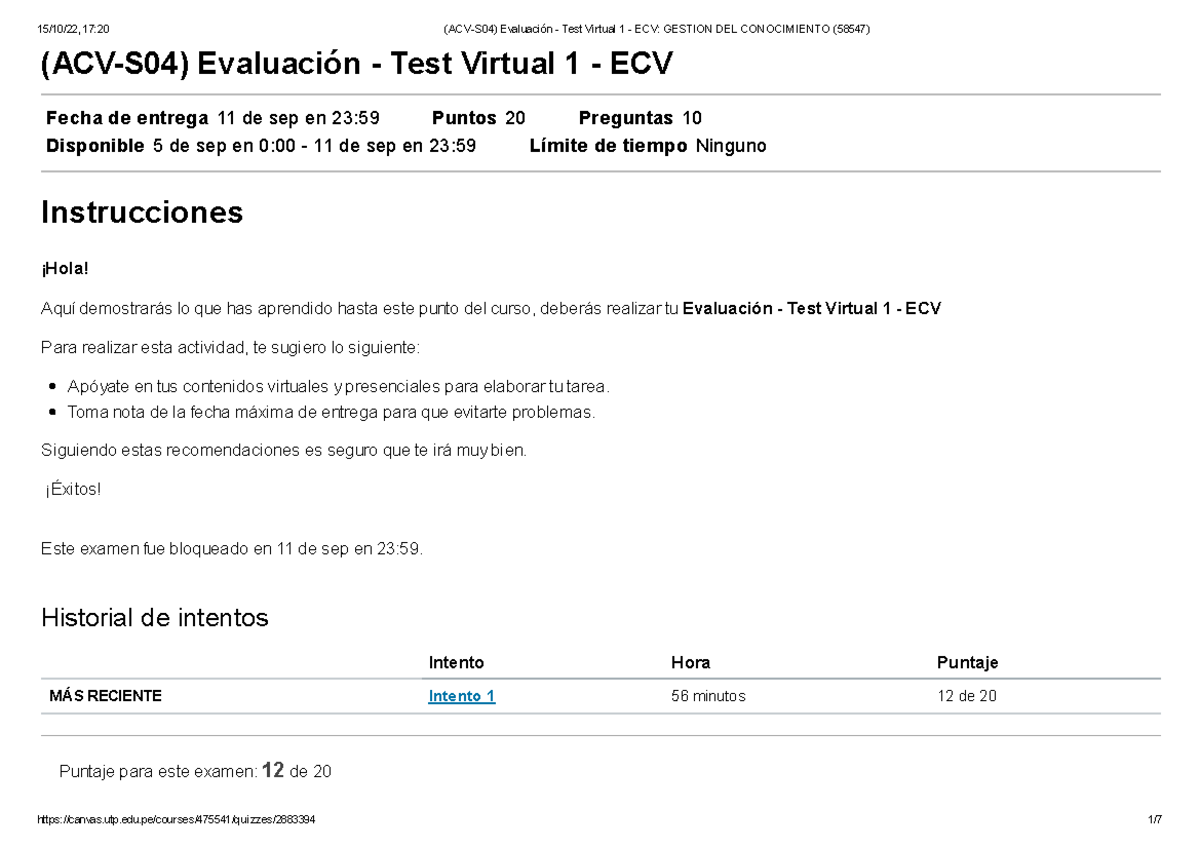 (ACV-S04) Evaluación - Test Virtual 1 - ECV Gestion DEL Conocimiento ...