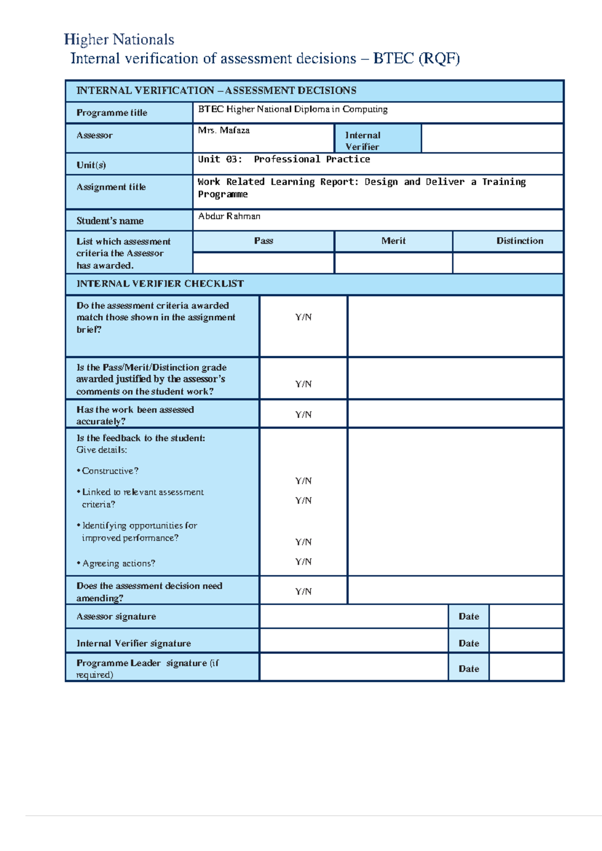 Unit 03 - Professional Practice Assignement Subm - Higher Nationals ...