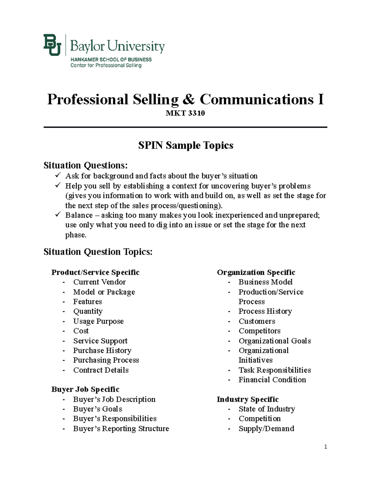 SPIN Sample Topics Bank - Professional Selling & Communications I MKT ...