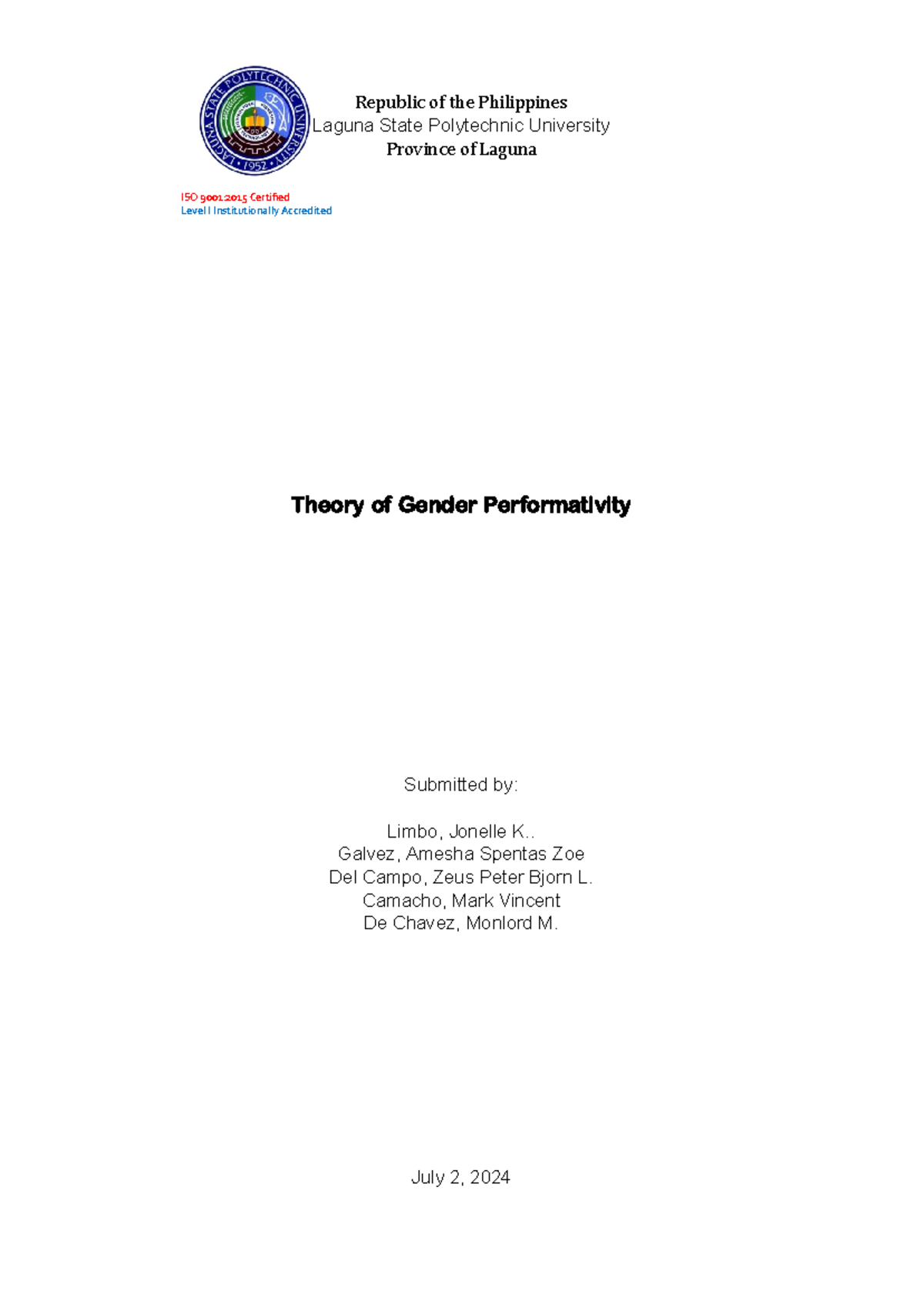 Group 1 Theory-of-Gender-Performativity BSCp E 2B - Republic of the ...