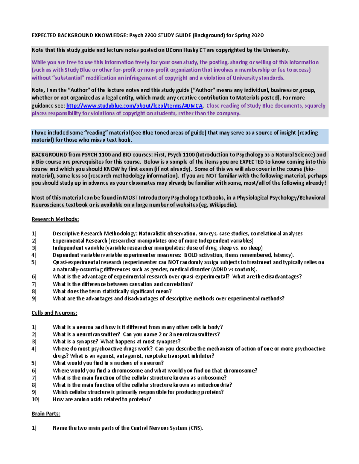 Pre-Course Study Guide - EXPECTED BACKGROUND KNOWLEDGE: Psych 2200 ...