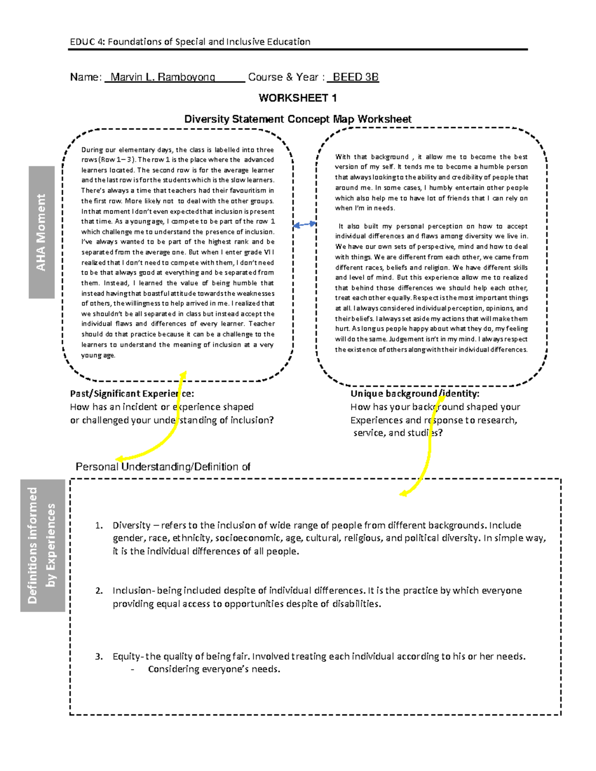 EDUC 4 Worksheet 1 - N/A - Name: Marvin L. Ramboyong Course & Year ...