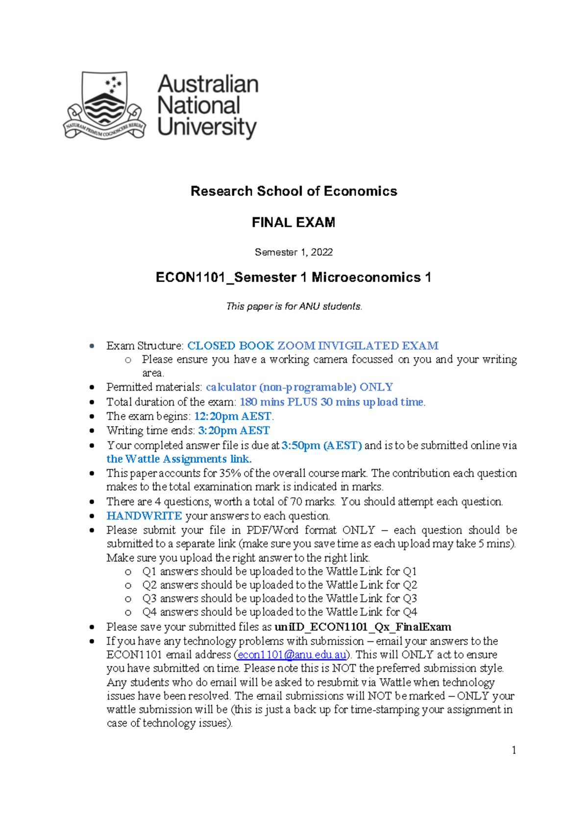 ECON1101 2022 Final Exam Questions - 1 Research School of Economics ...