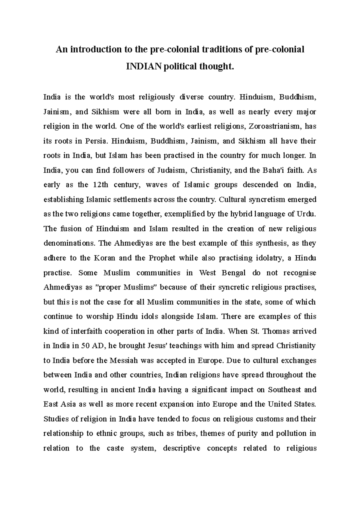 An introduction to the pre-colonial traditions of pre-colonial Indian ...