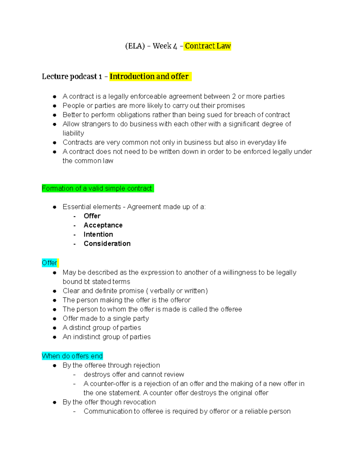 (ELA) - Week 4 - Contract Law - A counter offer destroys the original ...