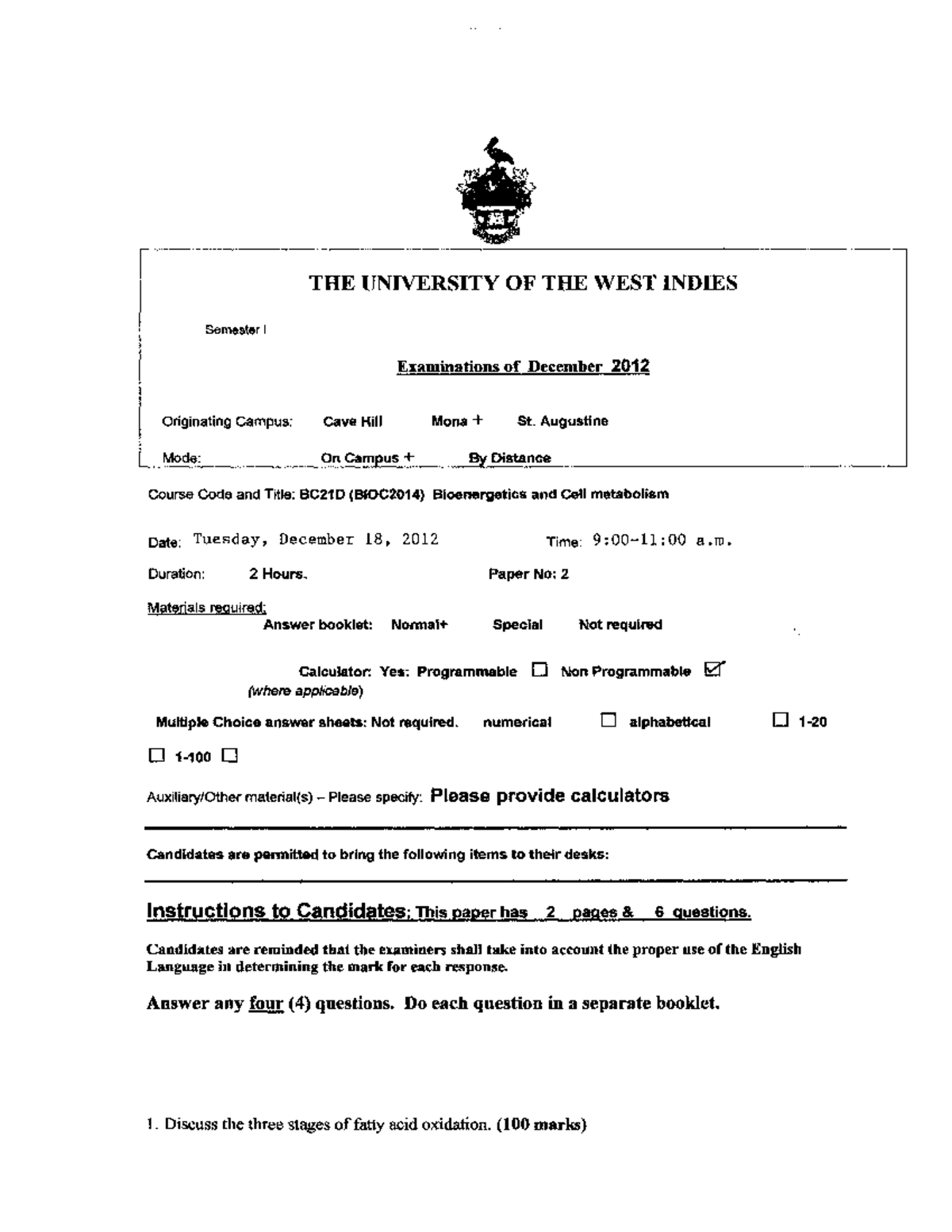 BIOC2014 18122012 - Past Paper - Biochemistry - Studocu