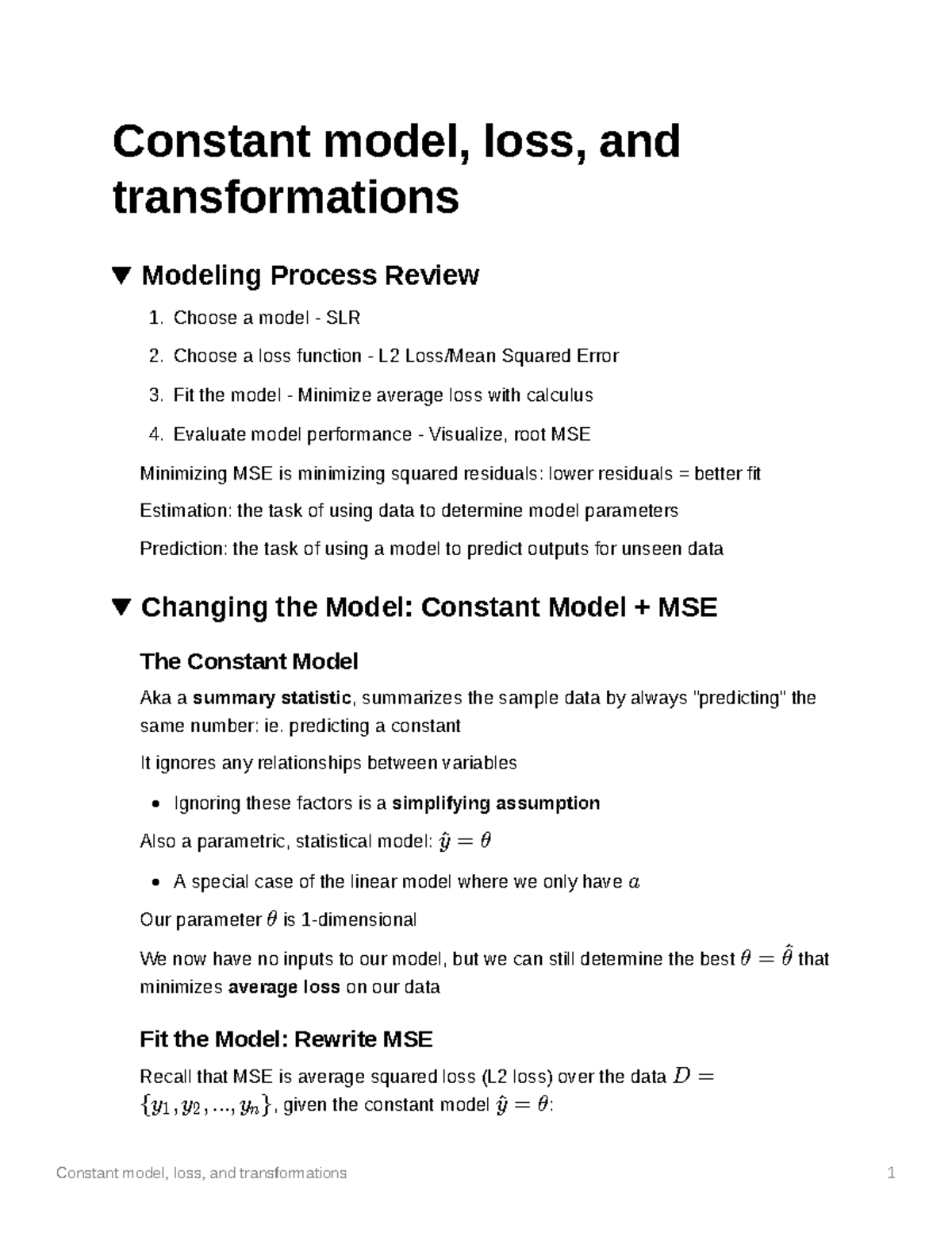 Constant model loss and transformations - Constant model, loss, and transformations Modeling ...