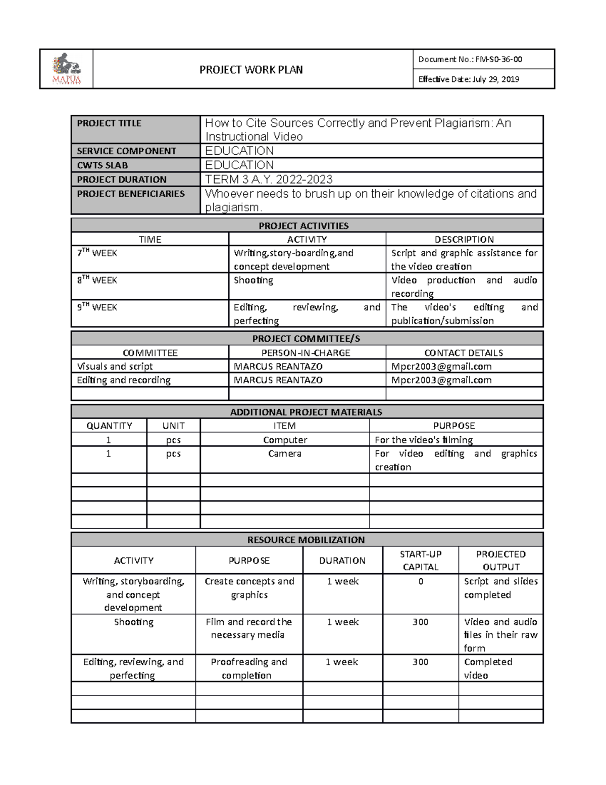 Work Plan - LIM - .................. - PROJECT WORK PLAN Document No ...