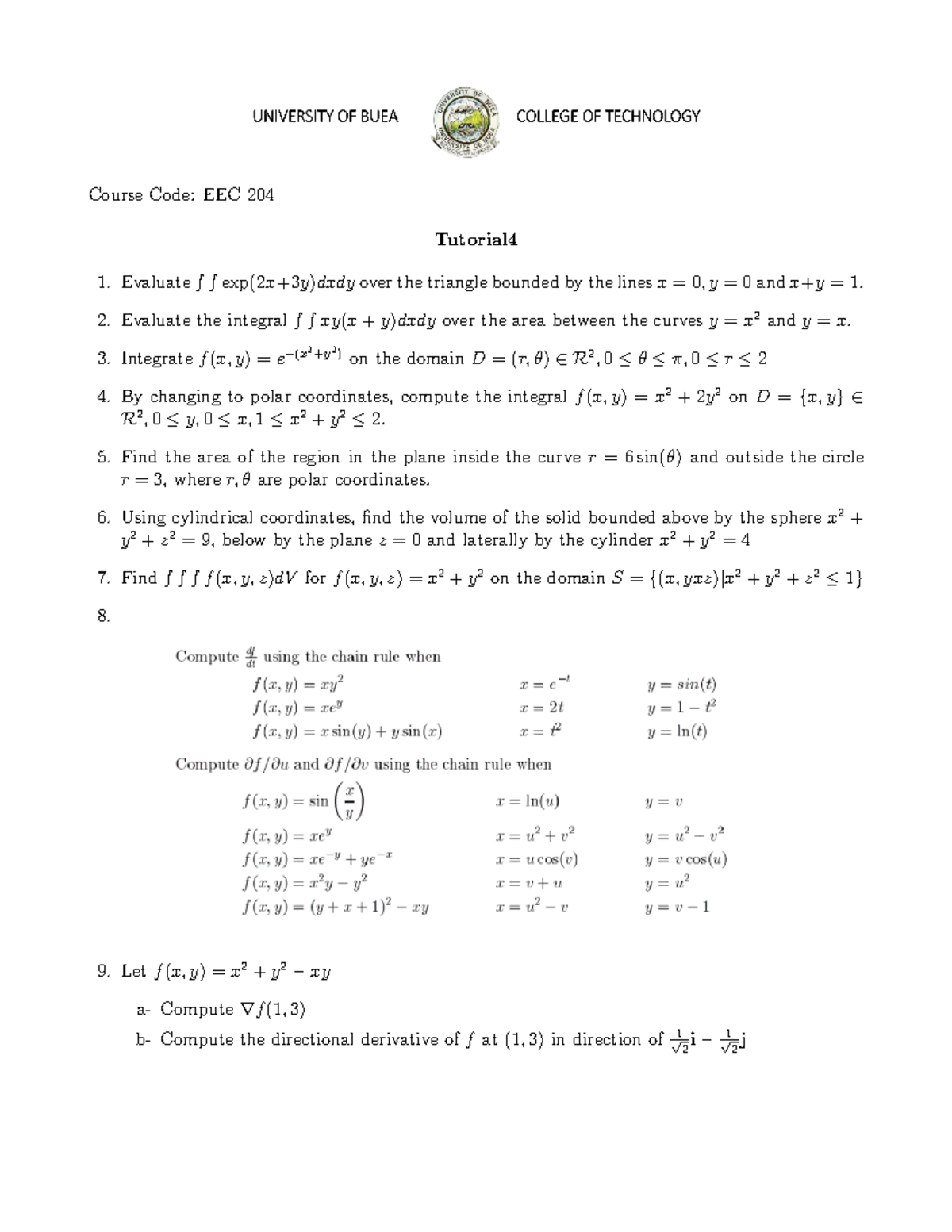 Math204 tutorial - Course Code: EEC 204 Tutorial Evaluate ∫ ∫ exp(2x+3y ...