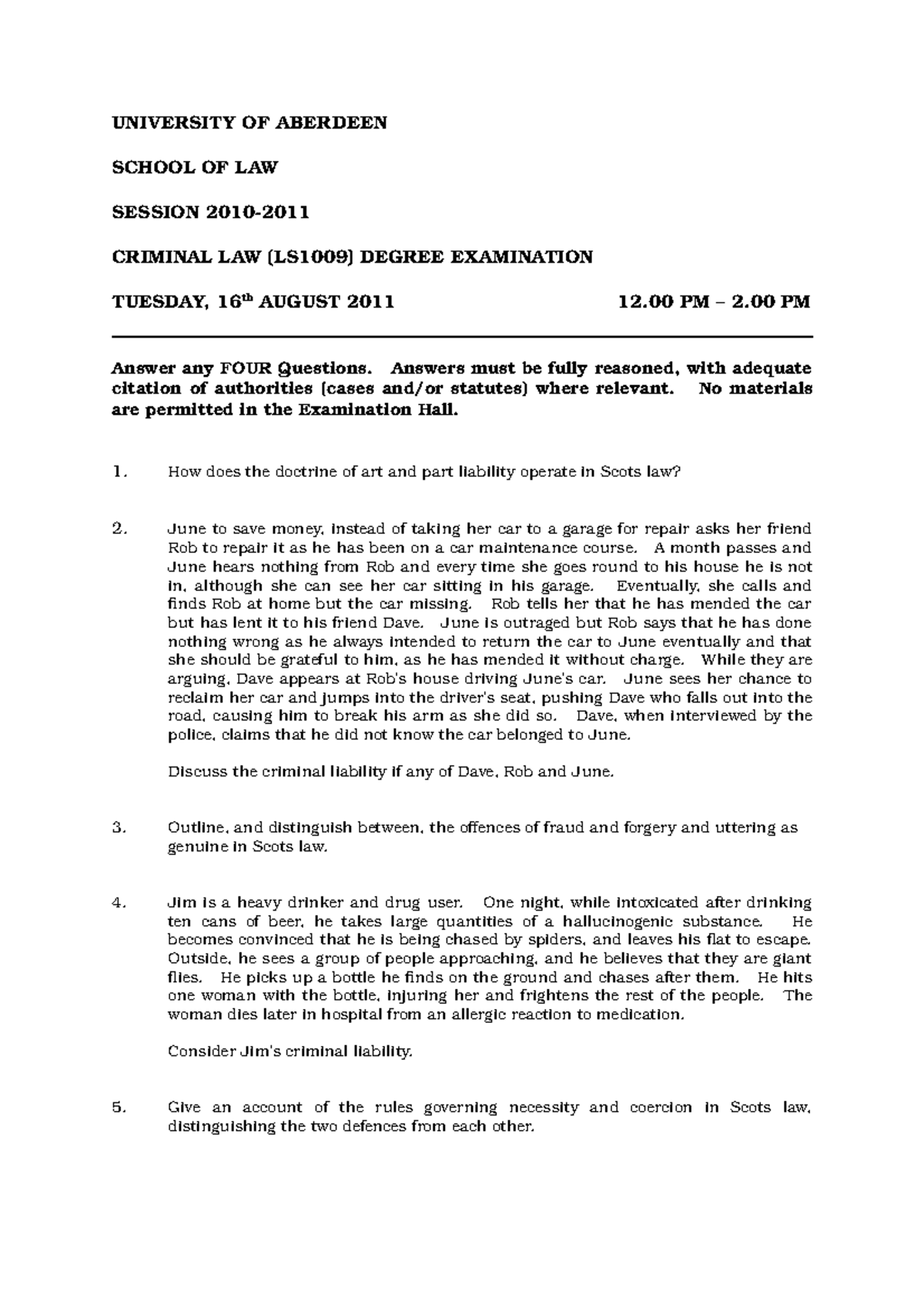 LS1009 Criminal Law Exam Paper - UNIVERSITY OF ABERDEEN SCHOOL OF LAW ...