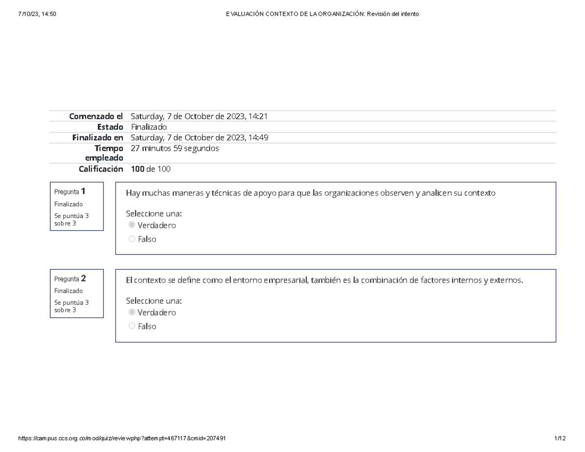 Evaluación Contexto DE LA Organización Revisión del intento - Pregunta ...