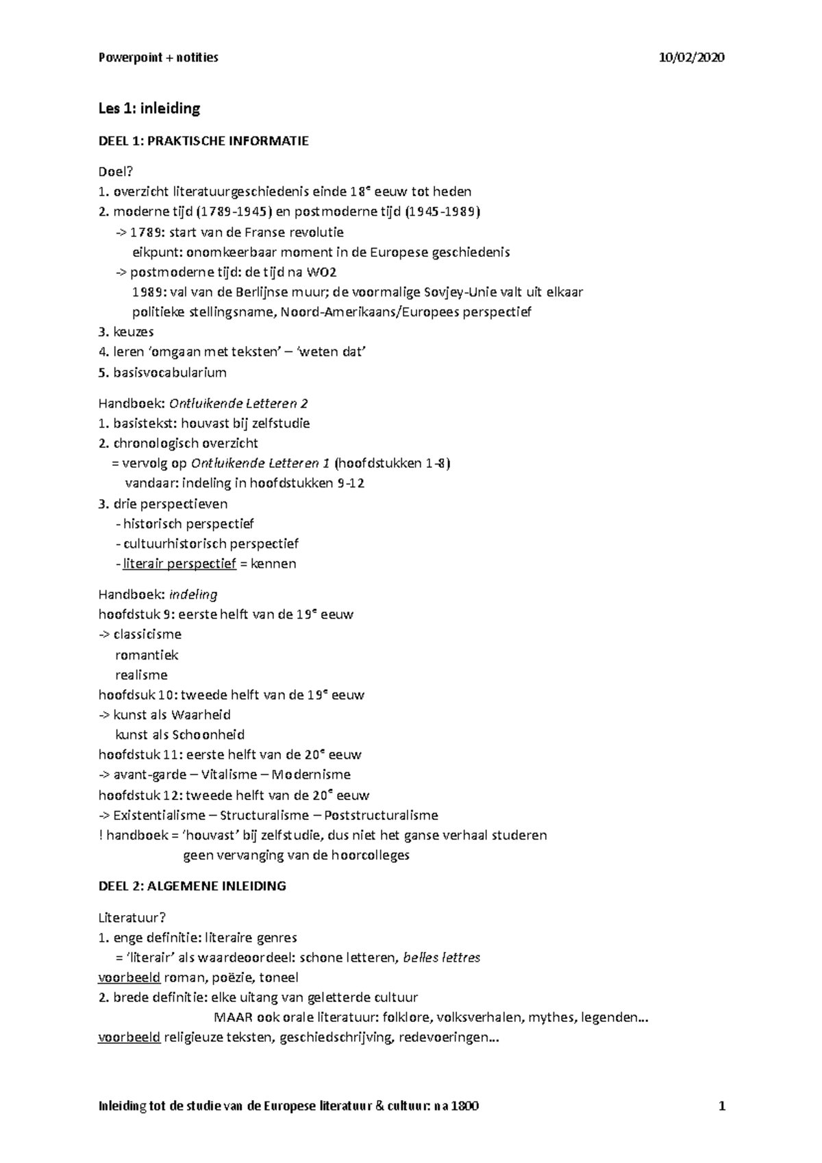 Les 1 inleiding - notities - Les 1: inleiding DEEL 1: PRAKTISCHE INFORMATIE Doel? overzicht ...