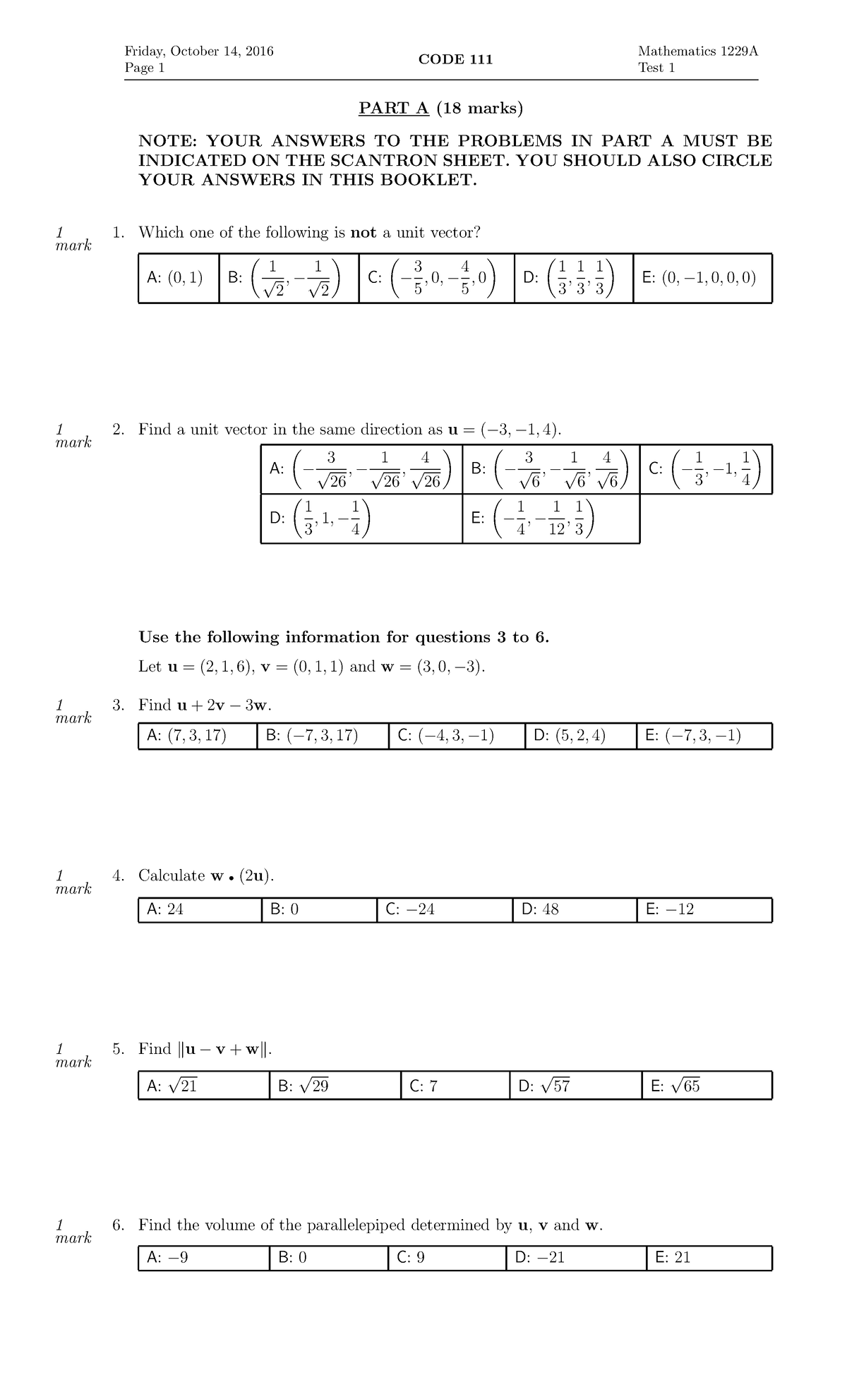 1229 Af16t1v1 - Math Algebra - Friday, October 14, 2016 Page 1 CODE 111 ...