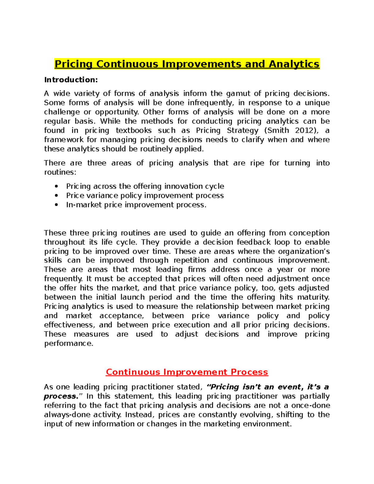 Pricing Continuous Improvements and Analytics - Pricing Continuous ...