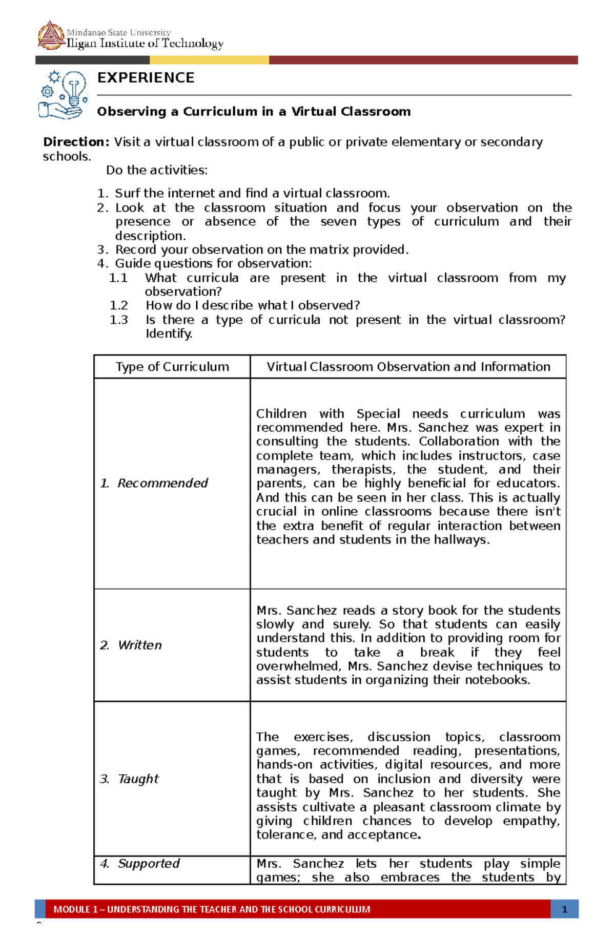 Self-Directed Learning Activity 5 - EXPERIENCE Observing a Curriculum ...
