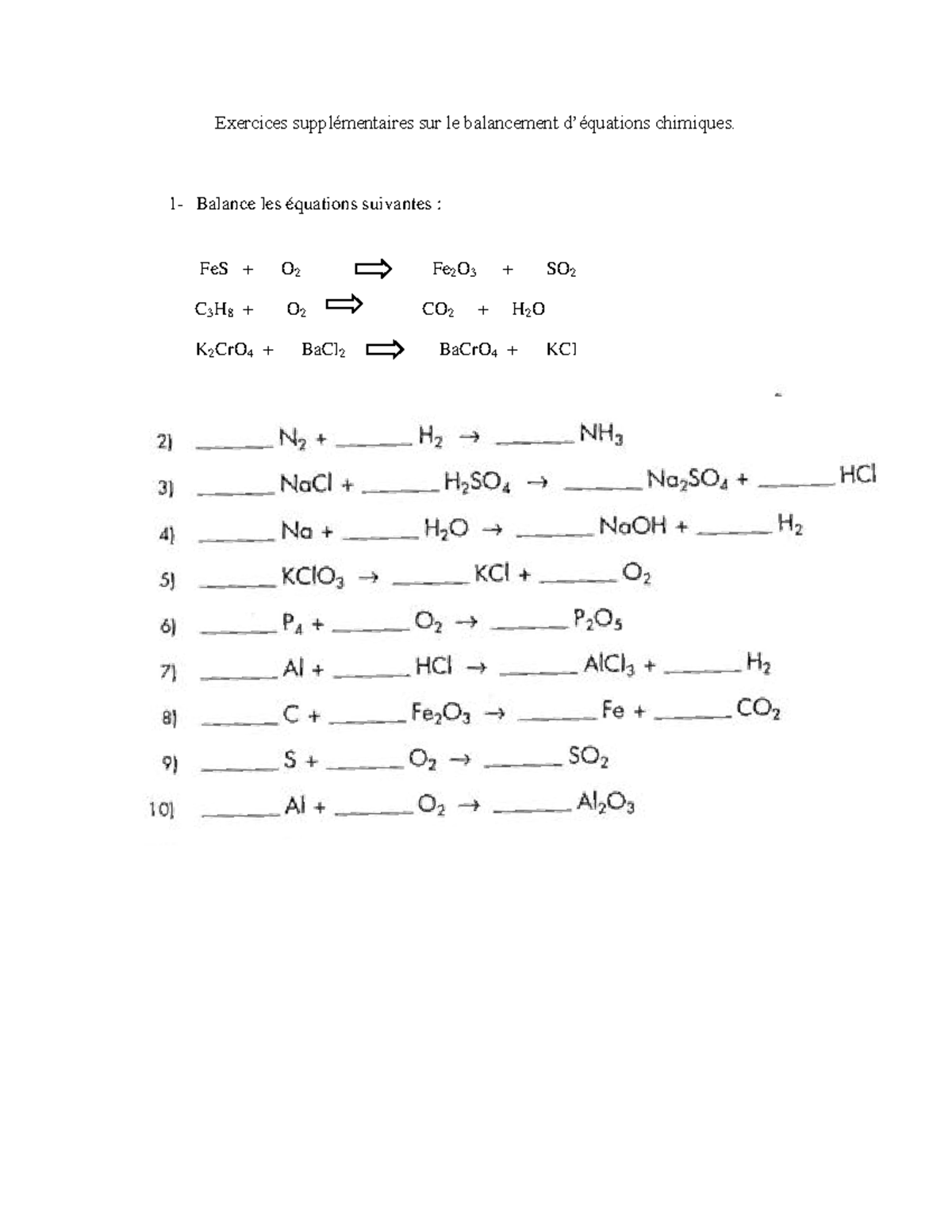 Exercices suppl balancement d'eq - Licence Chimie parcours Chimie ...
