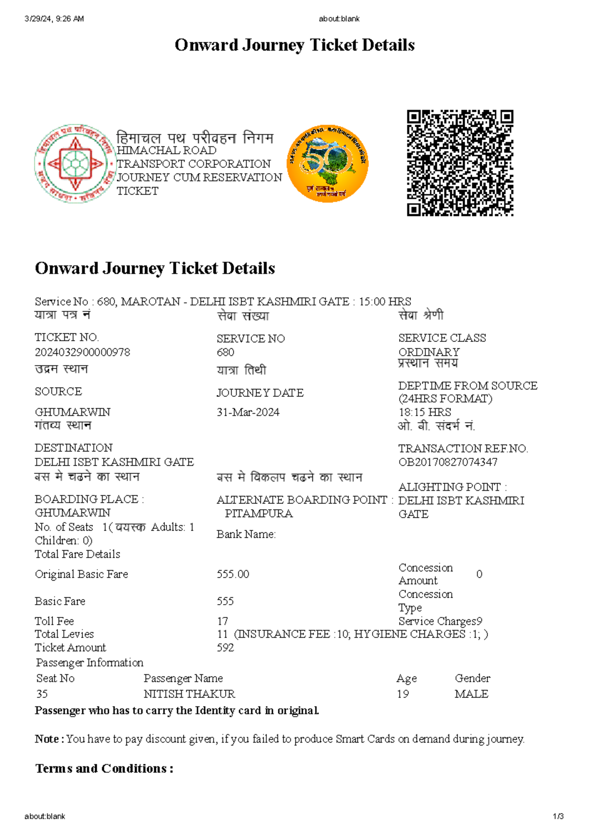 Ticket 31 03 2024 - 3/29/24, 9:26 AM about:blank about:blank 1/ Onward Journey Ticket Details ...