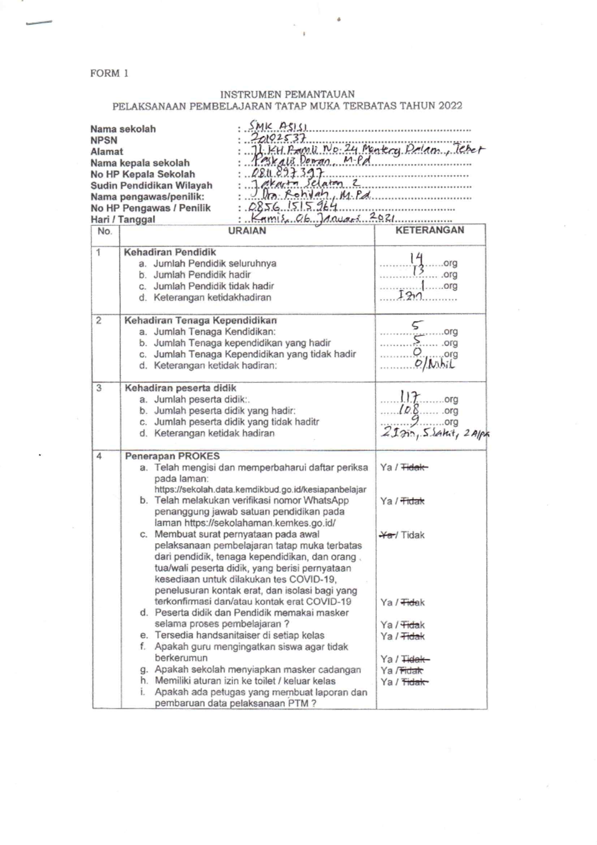 FORM 1 Monev PTMT SMK Asisi - medical education - Studocu