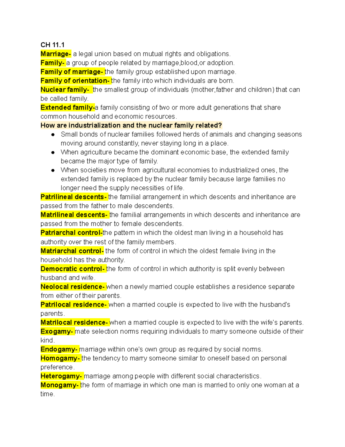 Chapter 11 - class notes - CH 11. Marriage- a legal union based on ...
