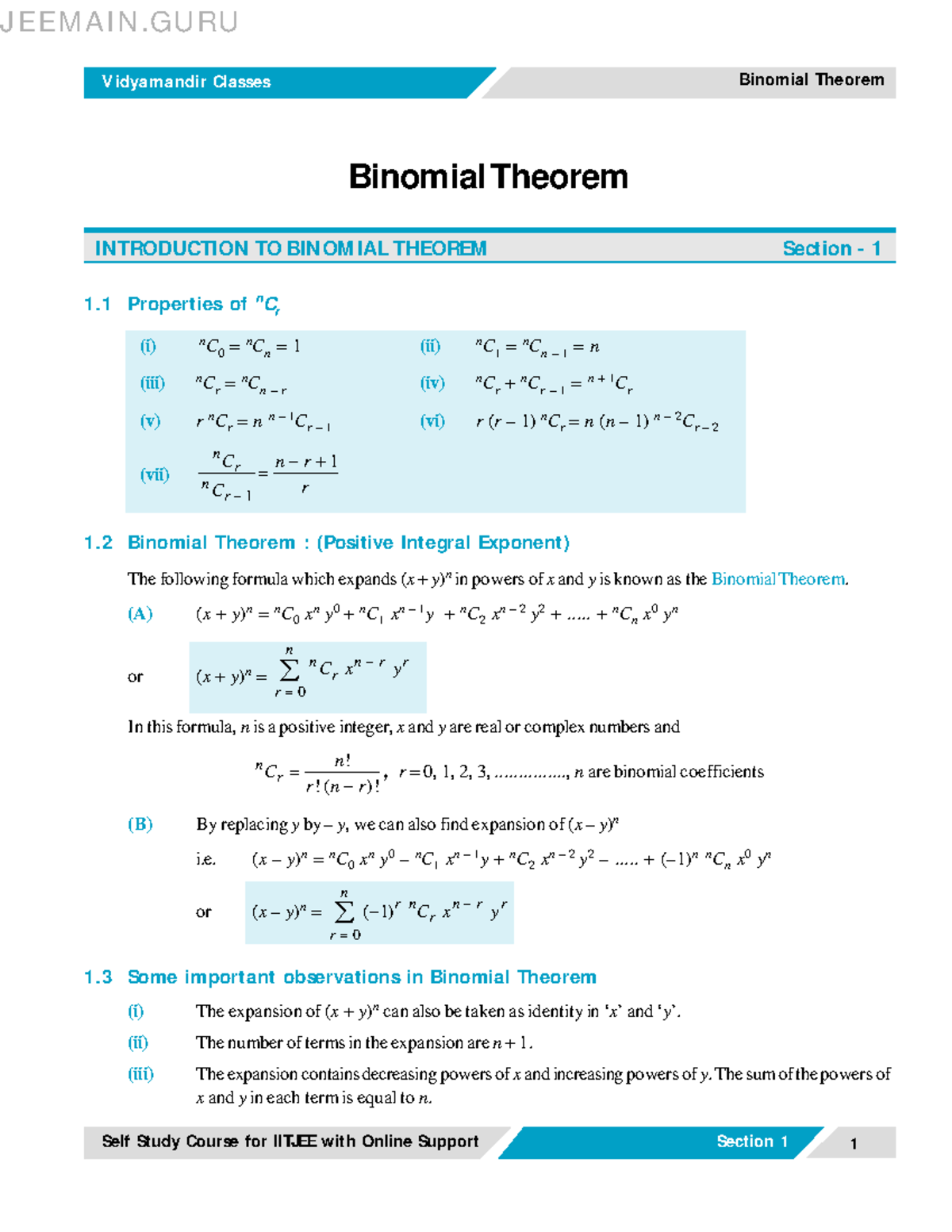 Binomial Theorem-jeemain - V idyam andir Classes Binomial Theorem Self ...