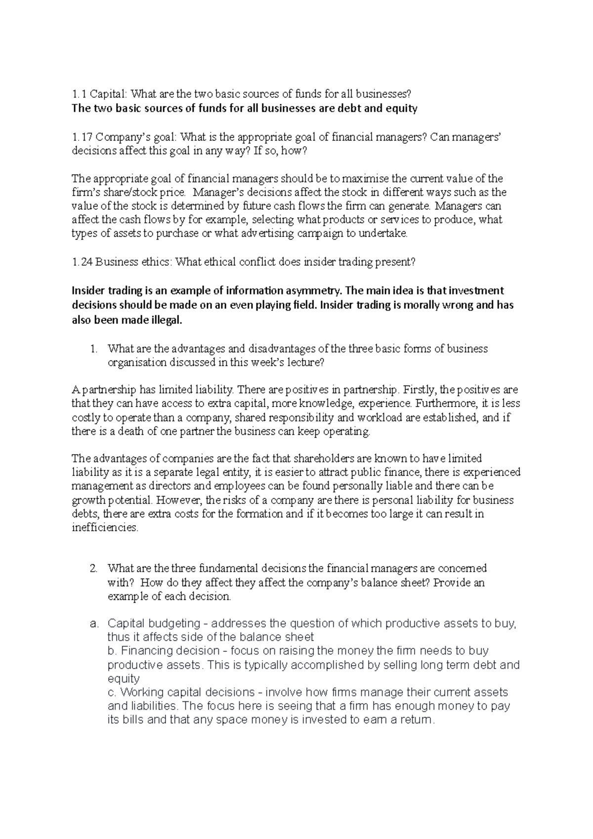 FIN111 week 2 questions and answers - tutorial work - 1 Capital: What ...