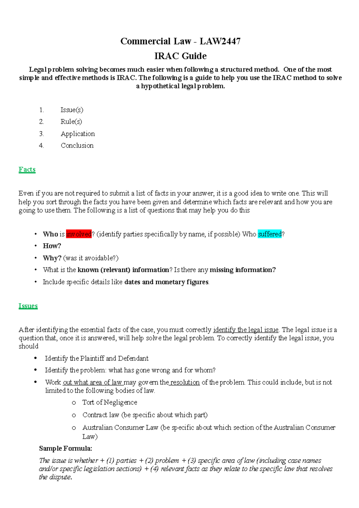 IRAC Guide - LAW2447 - Commercial Law - LAW IRAC Guide Legal problem ...