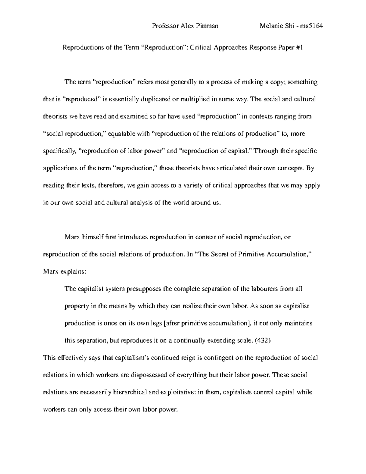 "Reproduction" Response Paper 1 - Professor Alex Pittman Melanie Shi ...