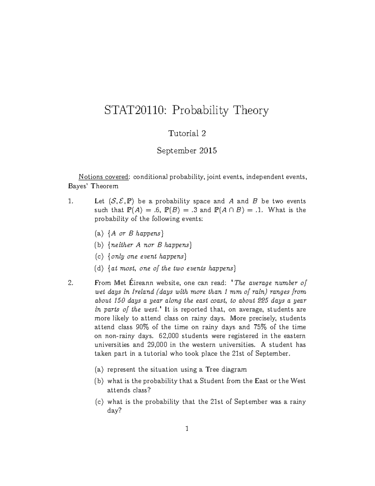 Tutorial 2 - problems - STAT20110: Probability Theory Tutorial 2 ...