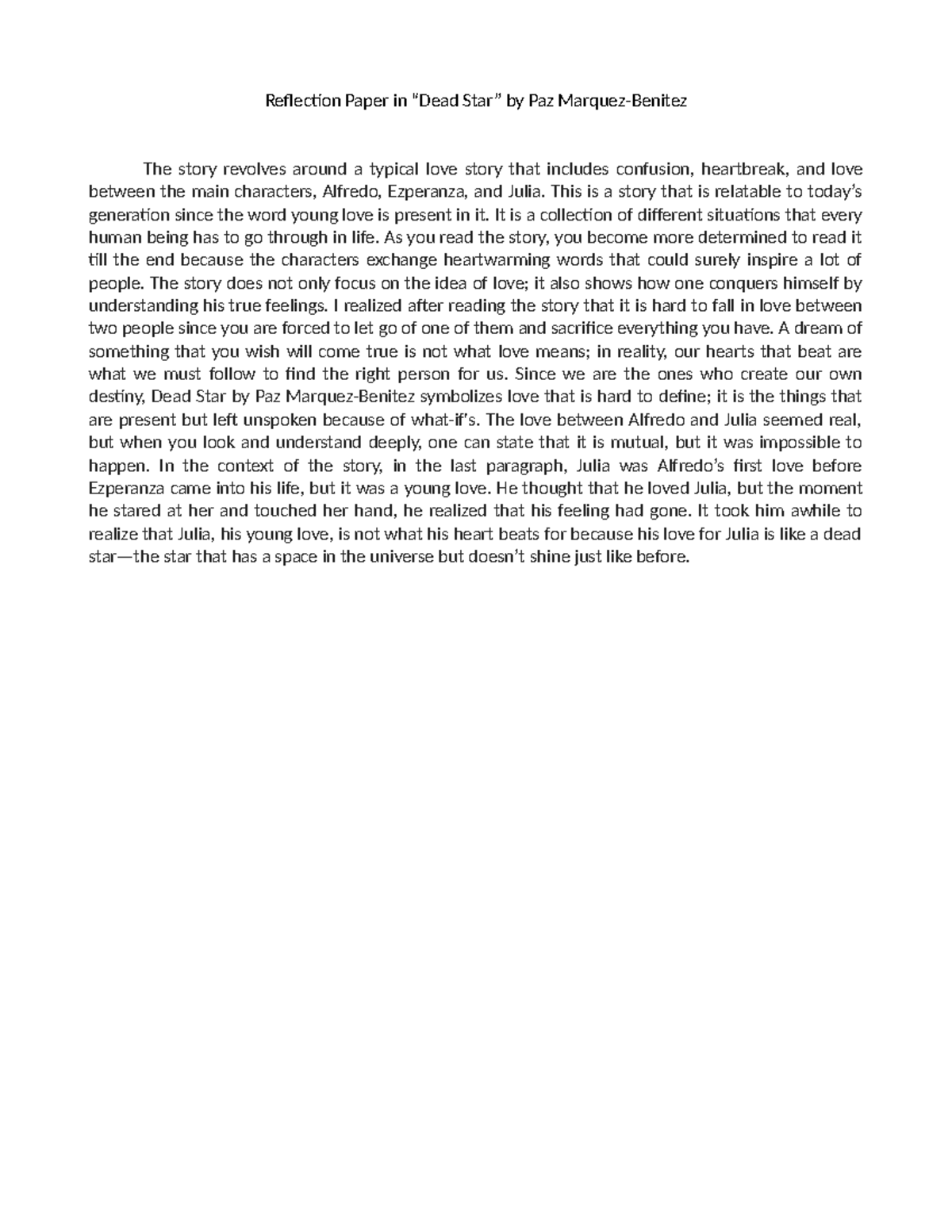 Dead Star - Notes purposes - Reflection Paper in “Dead Star” by Paz ...