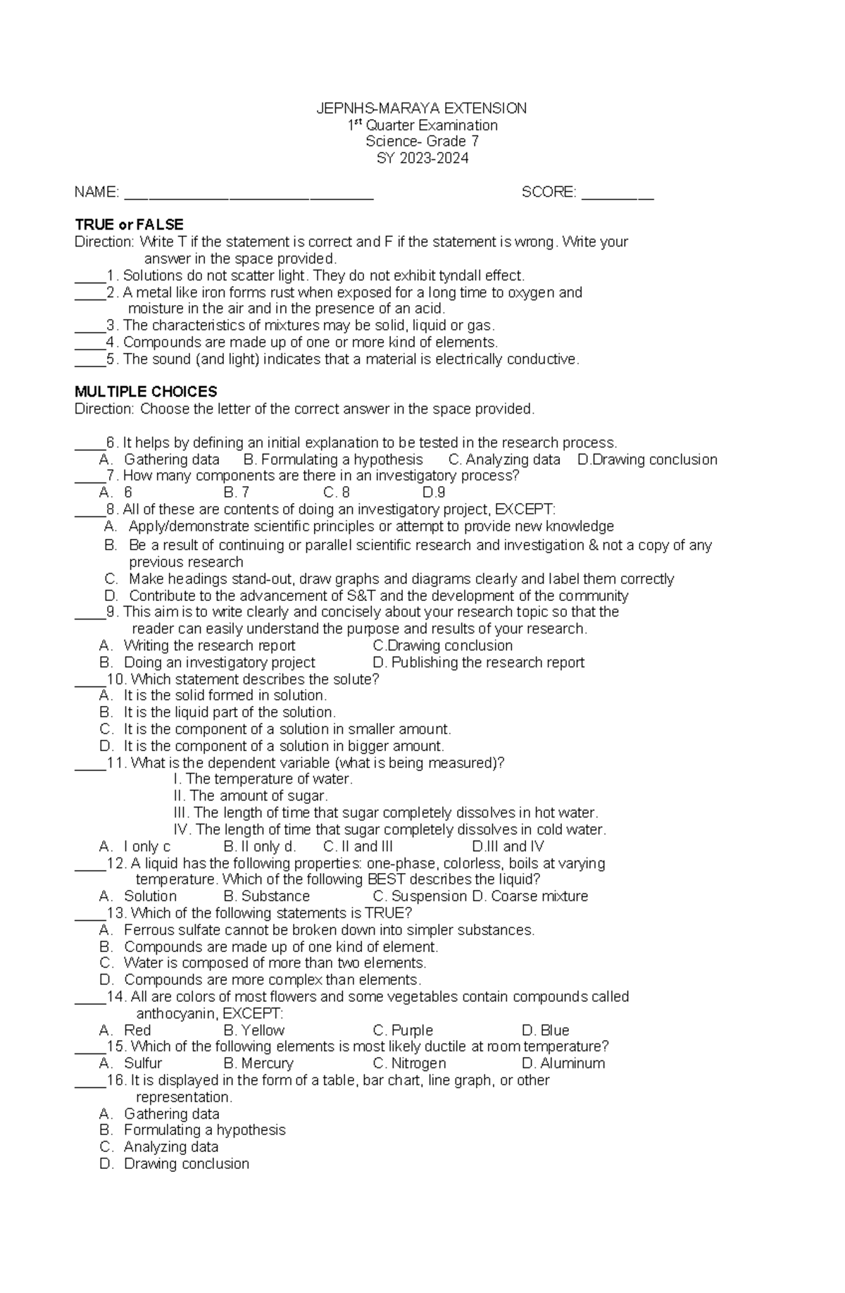 PT Science 7 Q1 - none - JEPNHS-MARAYA EXTENSION 1 st Quarter ...
