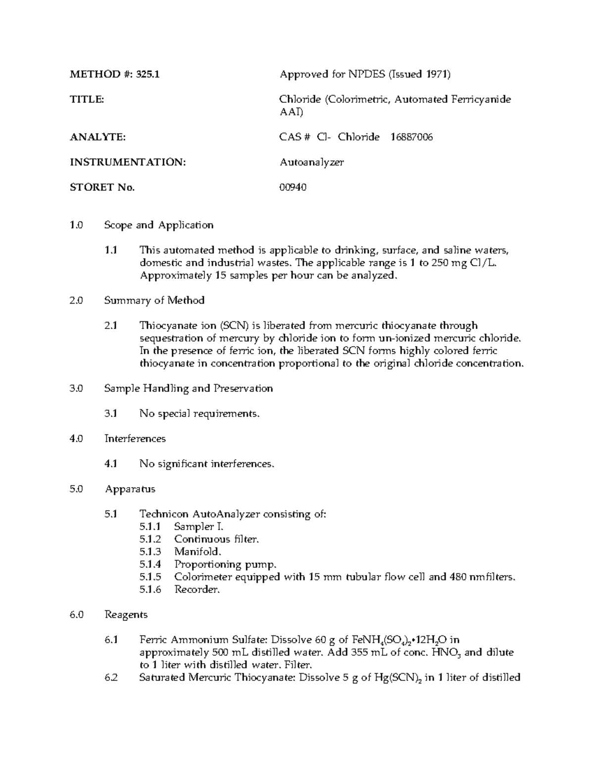 Método 325 1 - METHOD #: 325 Approved for NPDES (Issued 1971) TITLE ...