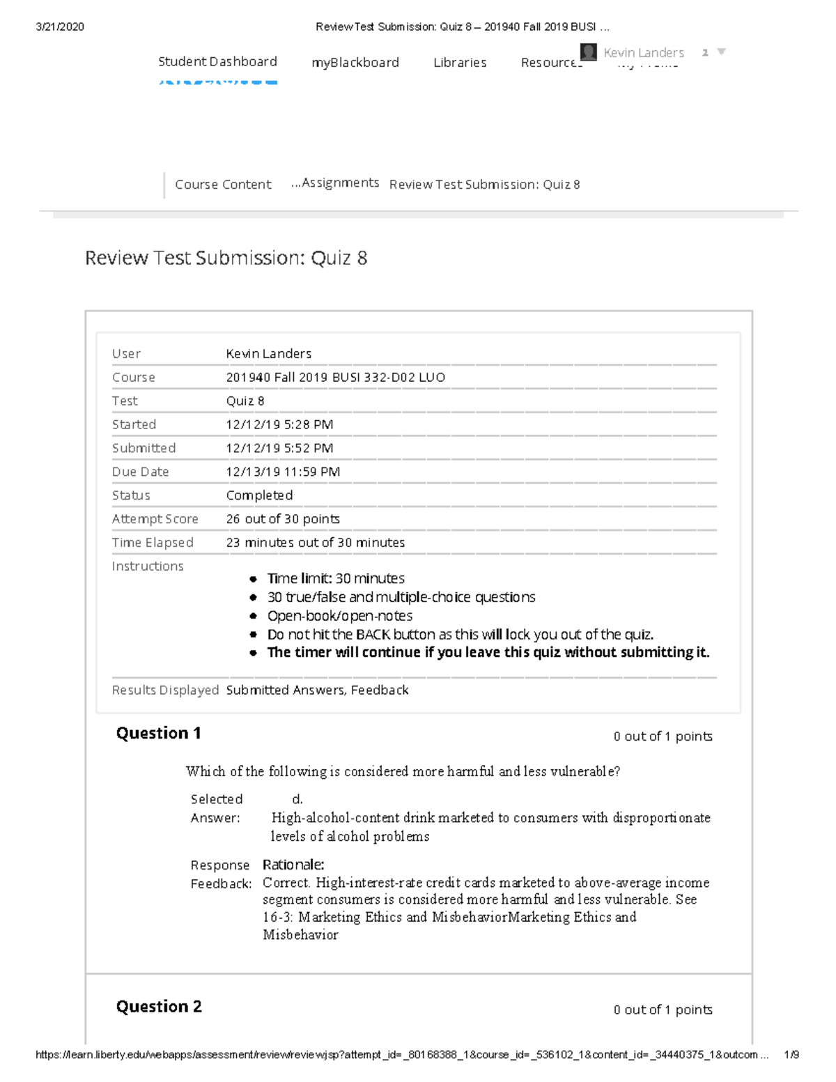 Review Test Submission Quiz 8 – 2019 40 Fall 2019 BUSI - Course Content ...